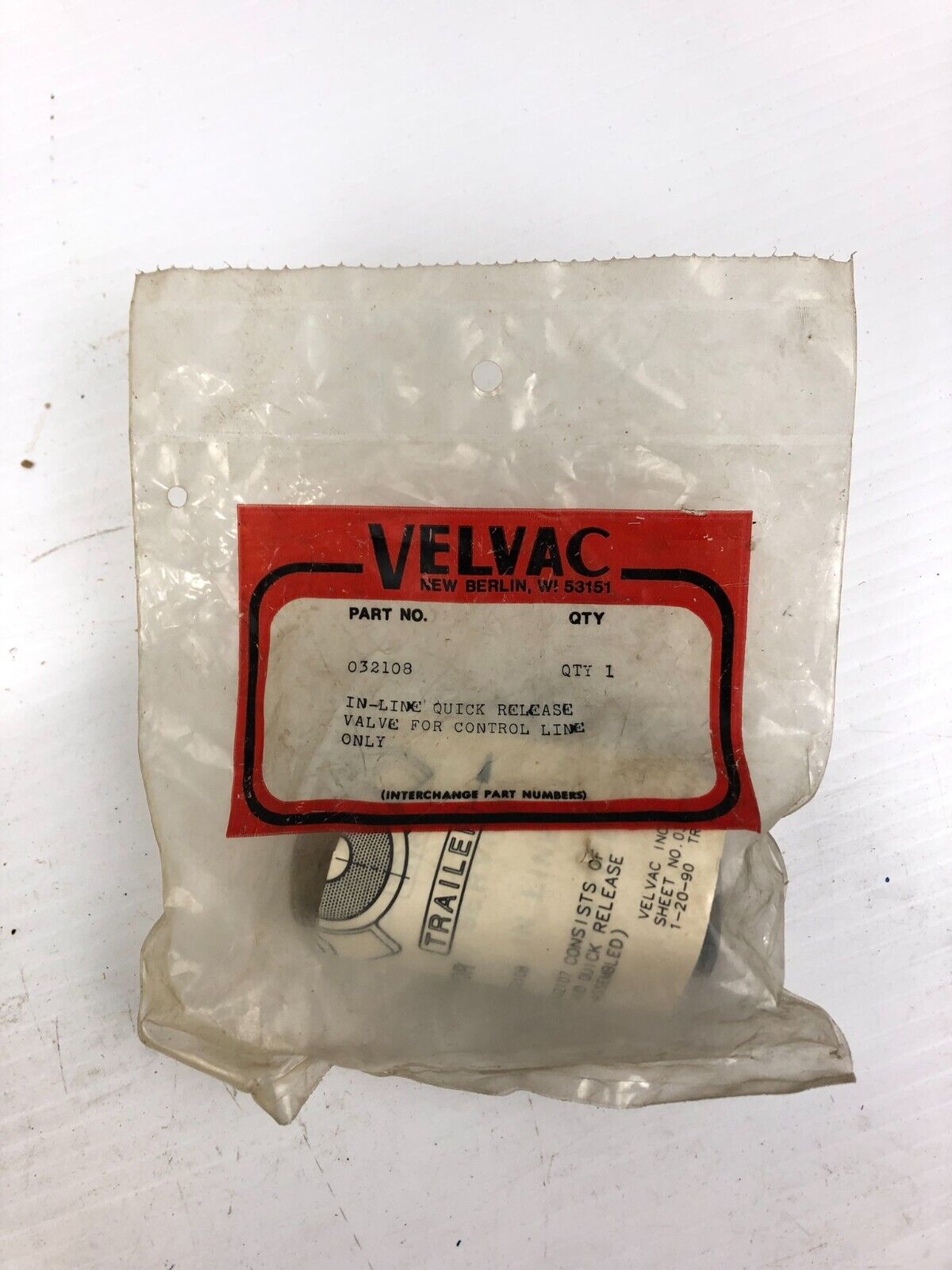 Velvac 032108 In Line Quick Release Valve for Control Line