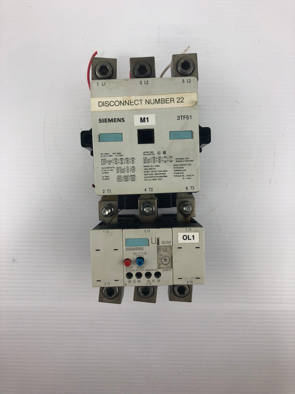 Siemens 3TF51 Contactor with 3UA6-6101-3J Thermal Overload Relay ...